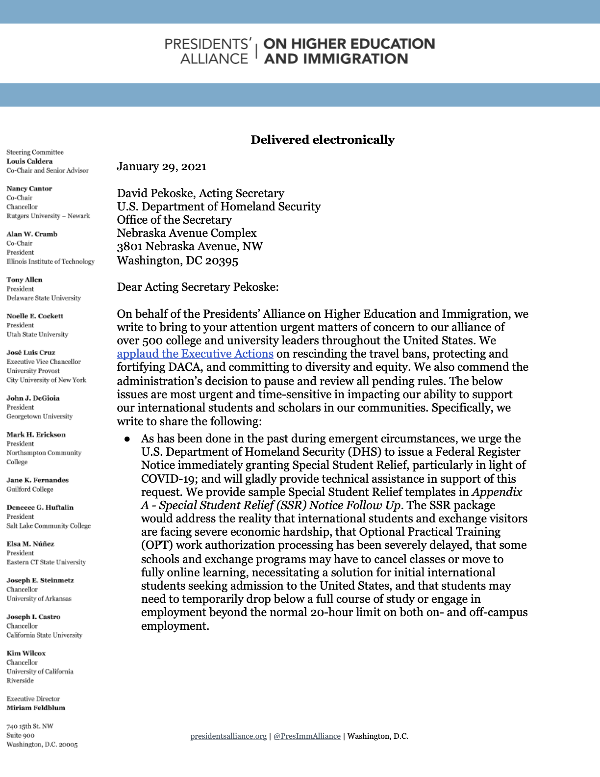 Letter to Acting DHS Secretary Pekoske on Issues Facing International ...